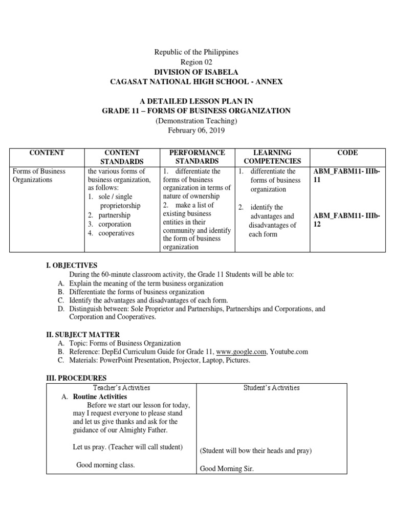 Detailed Lesson Plan | PDF | Partnership | Sole Proprietorship