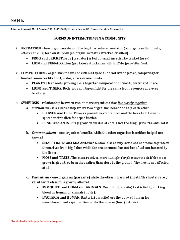 Grade 4 - Science Notes - Interactions in A Community | PDF ...