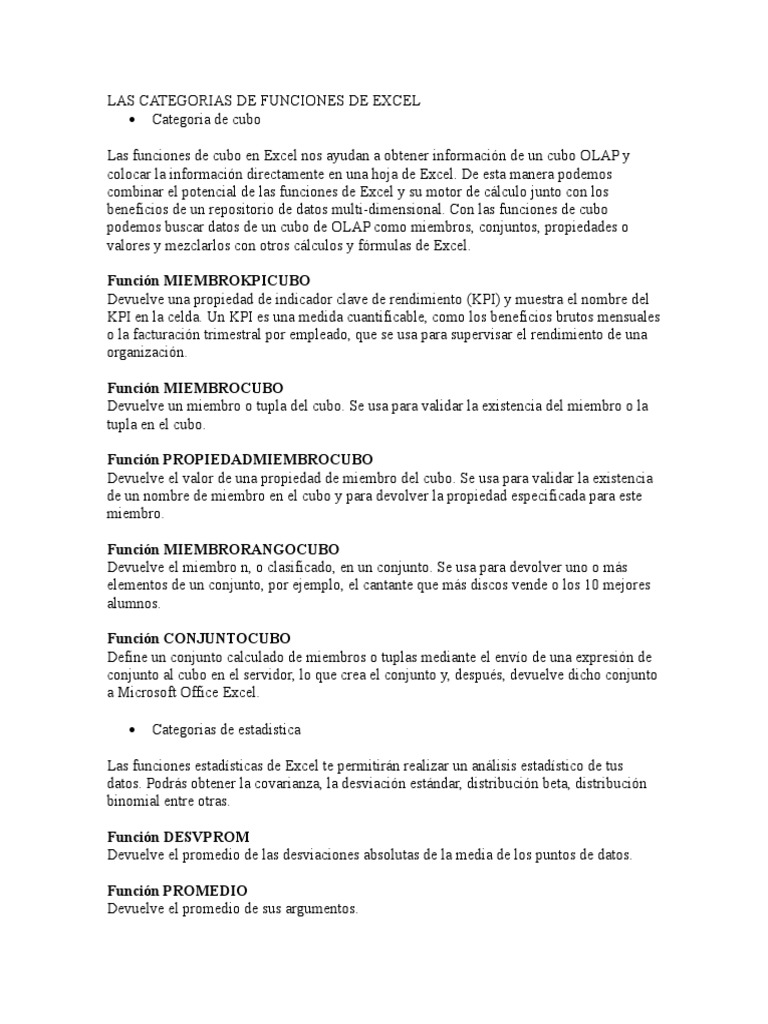 Las Categorias de Funciones de Excel | PDF | Microsoft Excel | Hoja de cálculo
