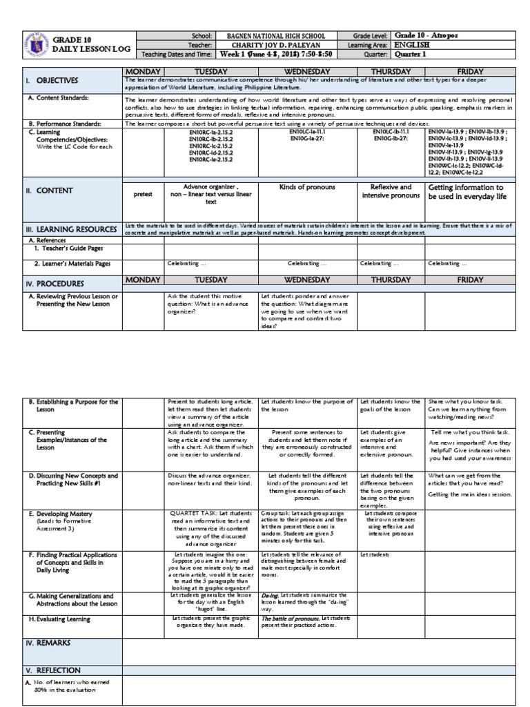 GRADE 10 DLL Week 1 Quarter 1 | PDF | Learning | Epistemology