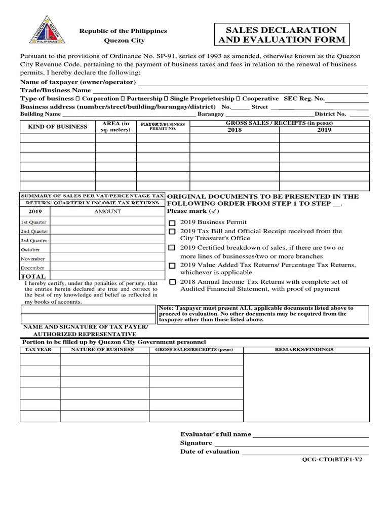 Sales Declaration Form for Business Permits | PDF | Tax Return (United ...