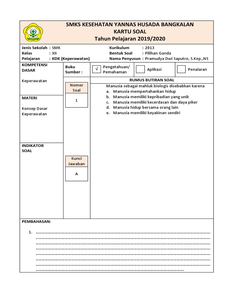 Soal Ujian Uas KDK Kelas X Keperawatan 2019 Smks Keperawatan | PDF