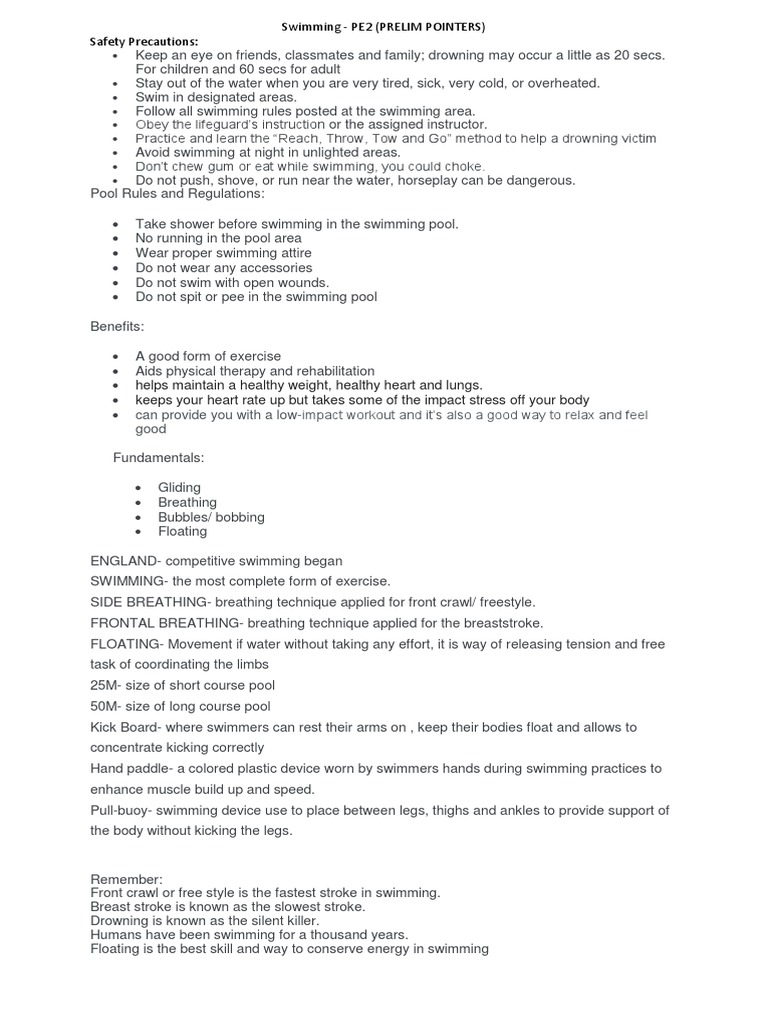 Swimming Pe2 Prelim - Pointers | PDF | Swimming | Swimming (Sport)