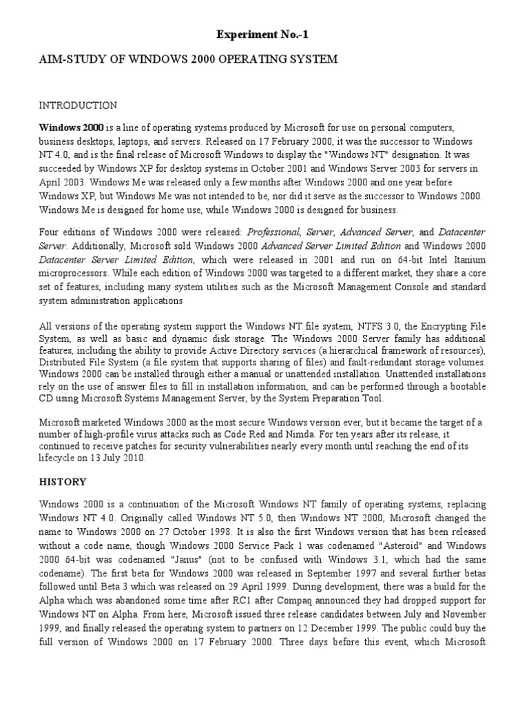 Study of Windows 2000 Operating System | PDF | Windows 2000 | Windows ...