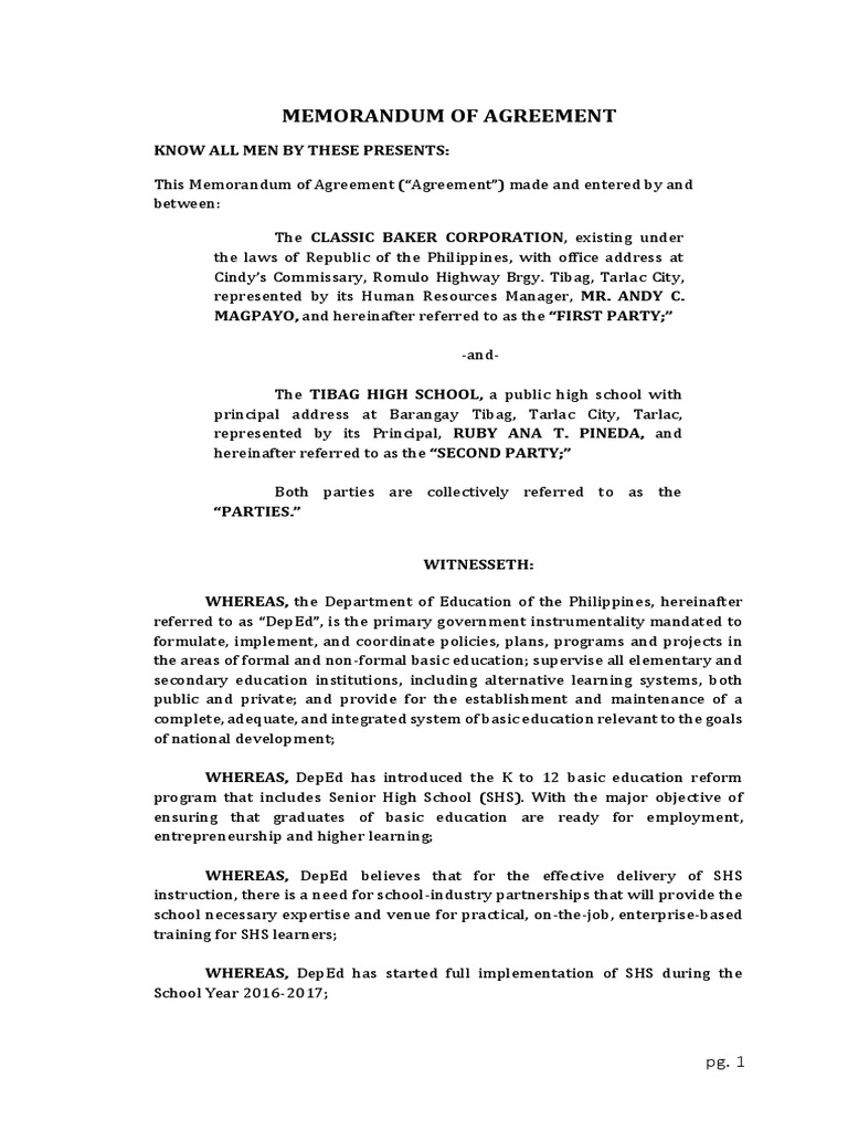MEMORANDUM OF AGREEMENT Sample | PDF | Employment | Intellectual Property