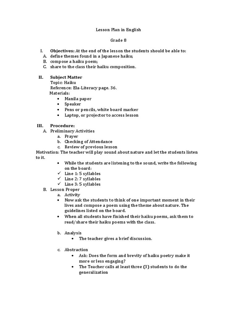 Japanese Haiku Poem 4's Lesson Plan | PDF | Haiku | Lesson Plan