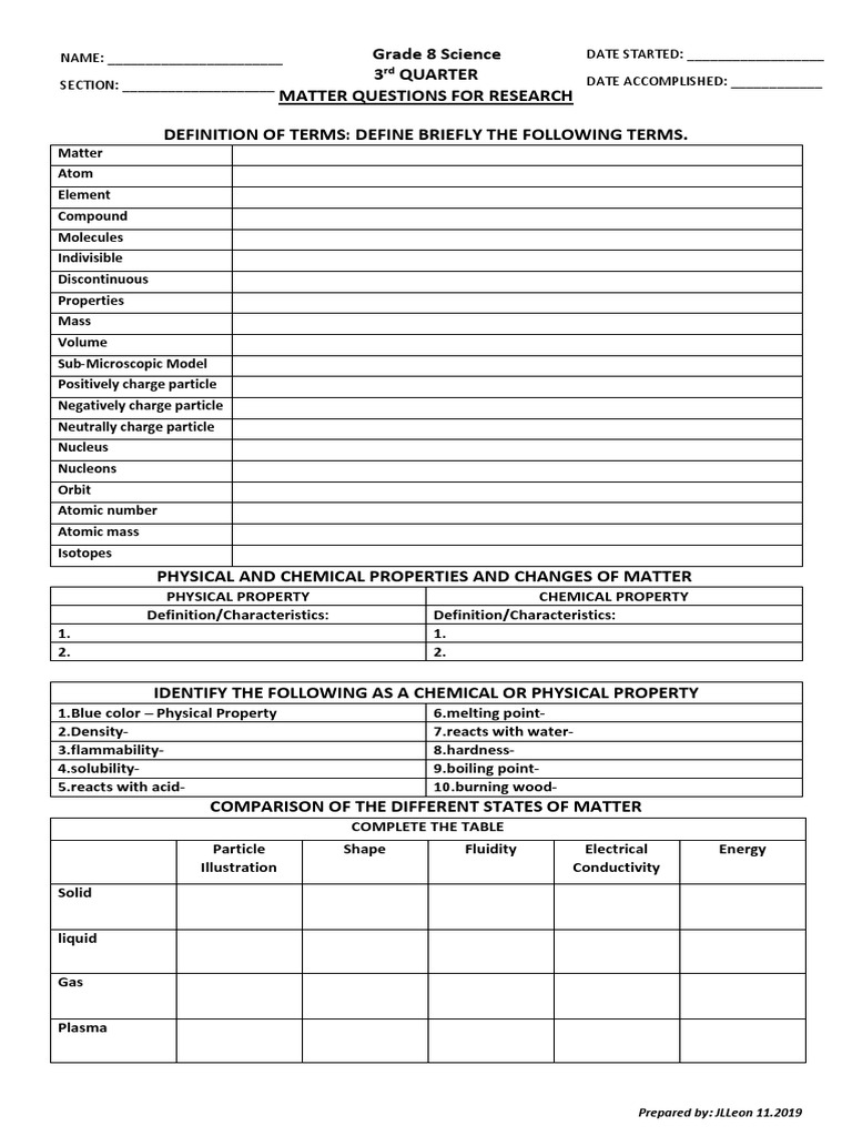 8th Grade Science Matter Research Guide | PDF | Matter | Atomic Nucleus