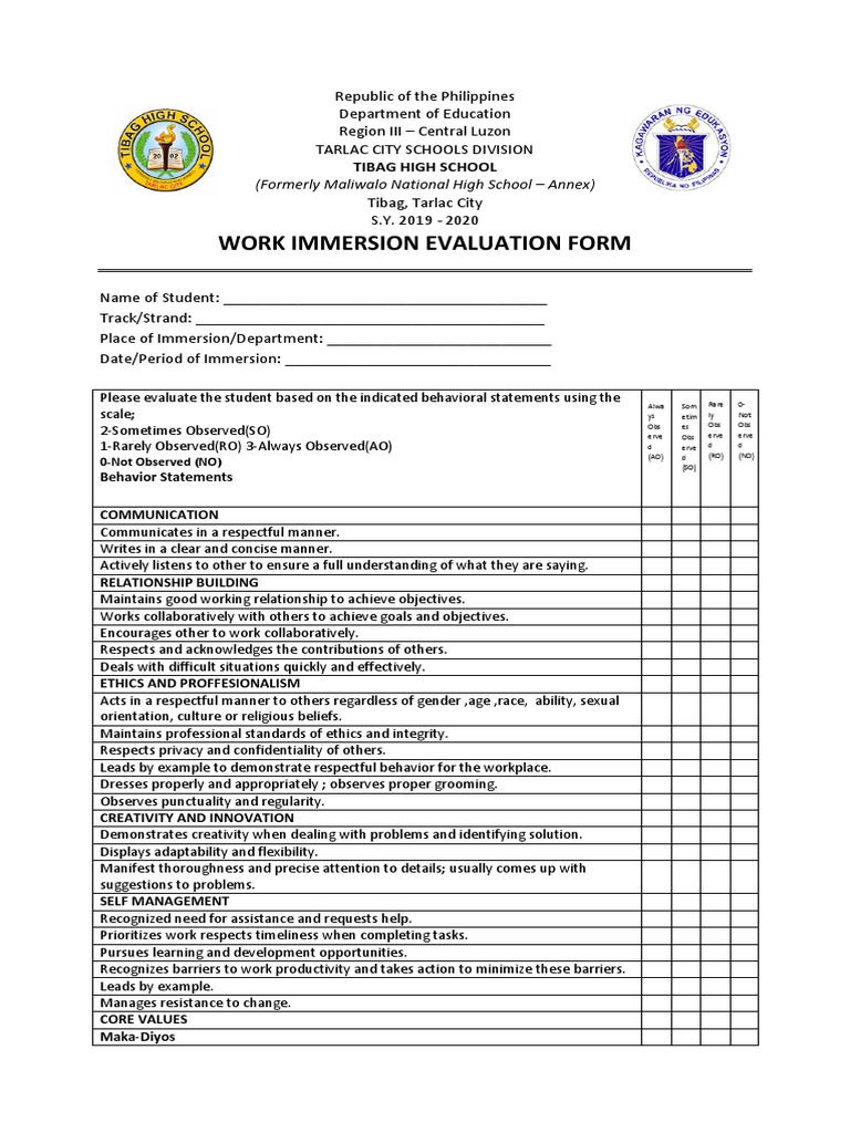 Work Immersion Evaluation Form | PDF | Evaluation | Creativity