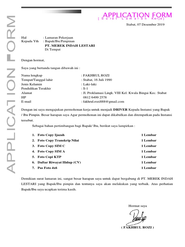 Surat Lamaran Kerja Driver | PDF