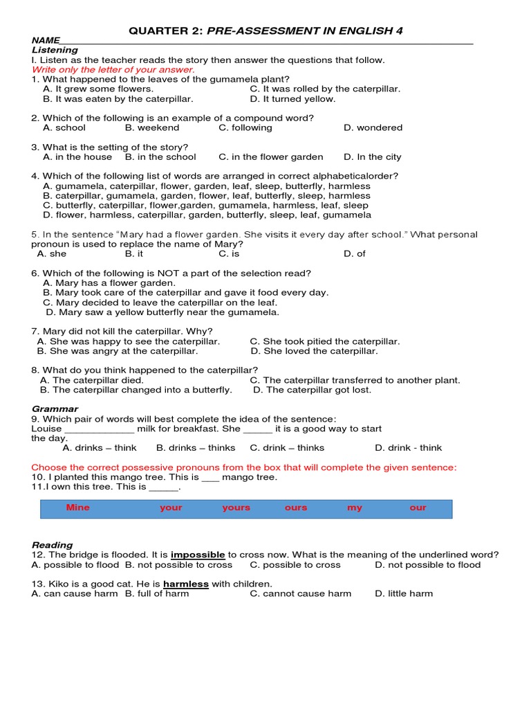 English 4 Pre Assessment Test Quarter 2 | PDF | Butterfly | English ...