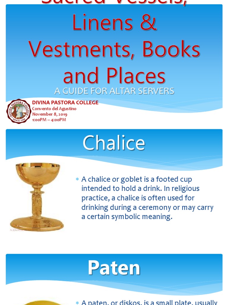 Sacred Vessels, Linens, Vestments & Places | PDF | Eucharist | Altar