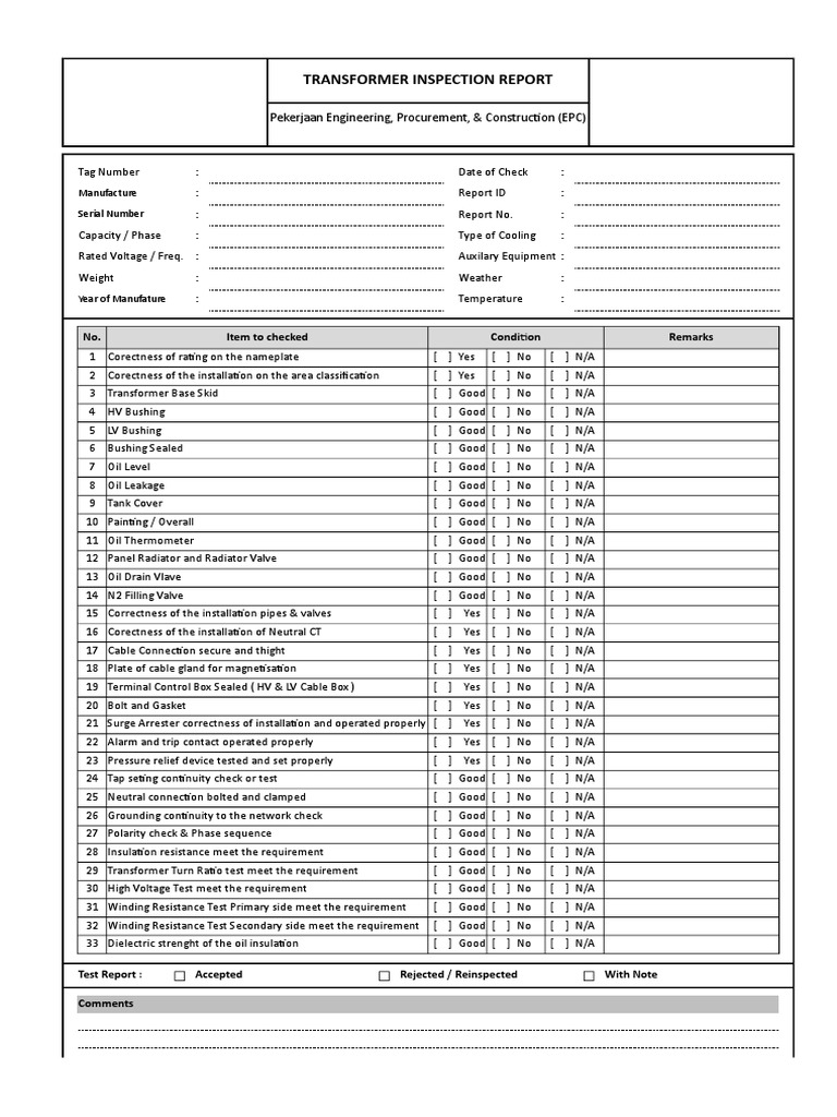 Transformer Inspection Report Checklist | PDF | Transformer ...