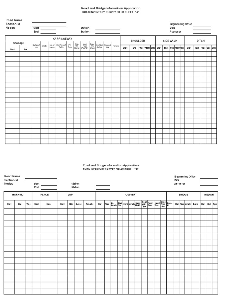 Road Inventory Survey Field Sheets | PDF | Transportation Engineering ...