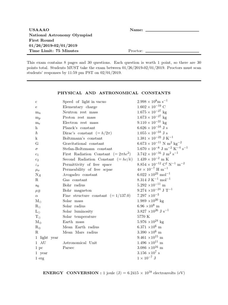 National Astronomy Olympiad First Round Exam: Physical Constants ...