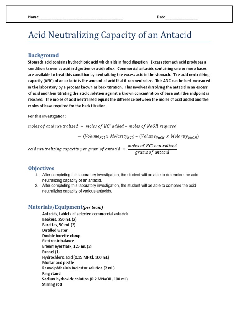Acid Neutralizing Capacity of An Antacid | PDF | Titration | Chemistry