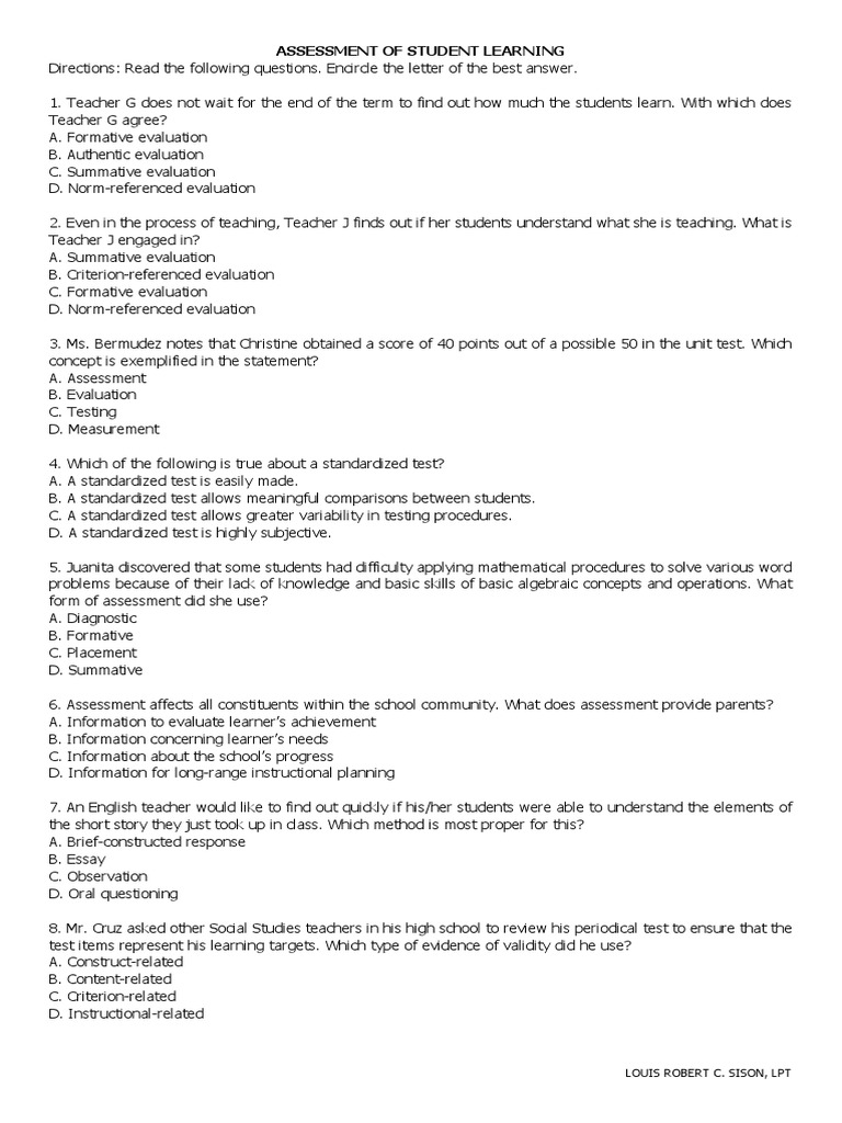 Assessment Sample Questions | PDF | Standardized Tests | Educational ...