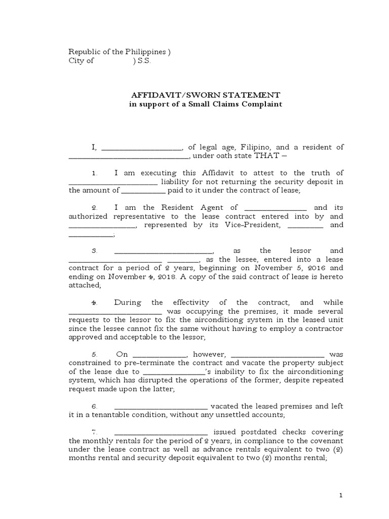 Sworn Statement in Support of A Small Claims Case | PDF | Lease | Affidavit