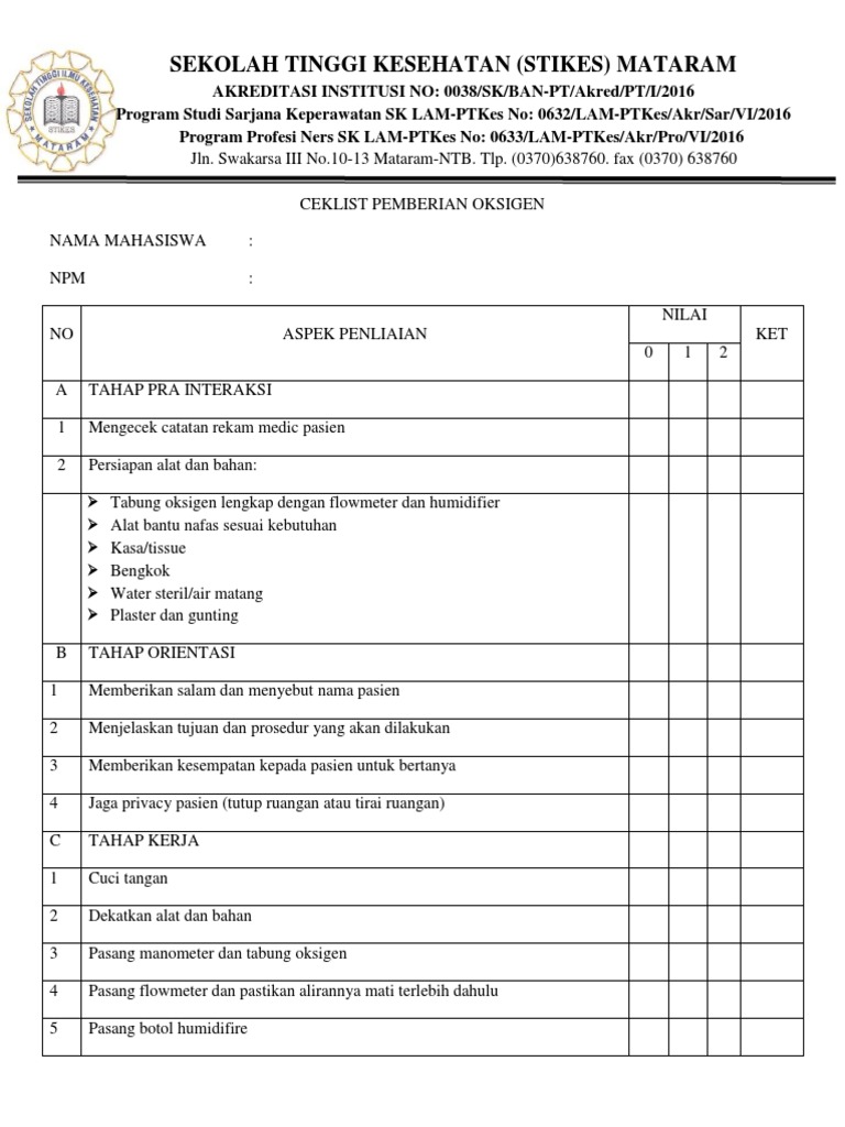 Ceklist Pemberian Oksigen | PDF
