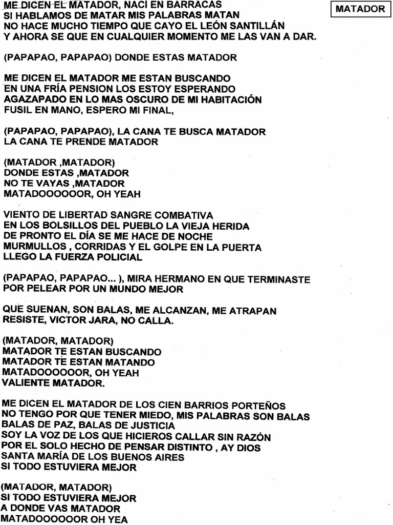 Matador (Letra) Lyrics | PDF