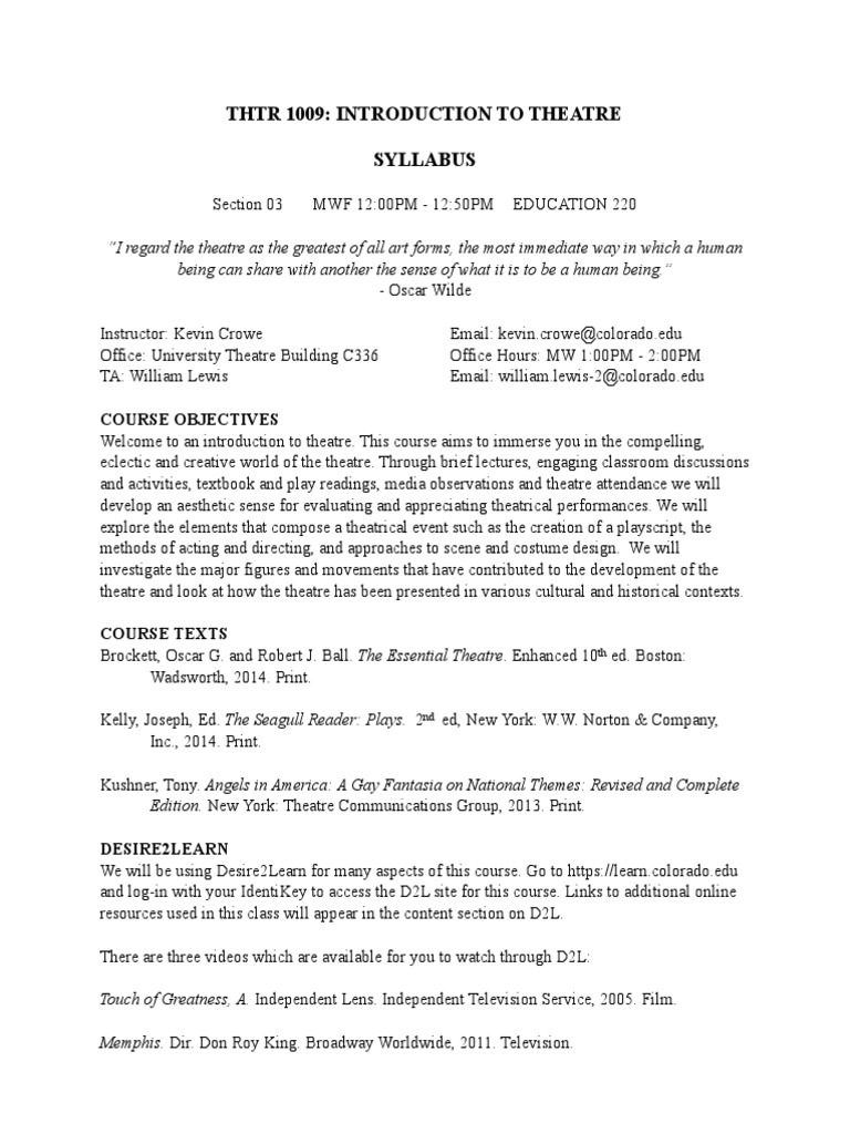 THTR 1009 Intro to Theatre Syllabus | PDF | Academic Dishonesty ...