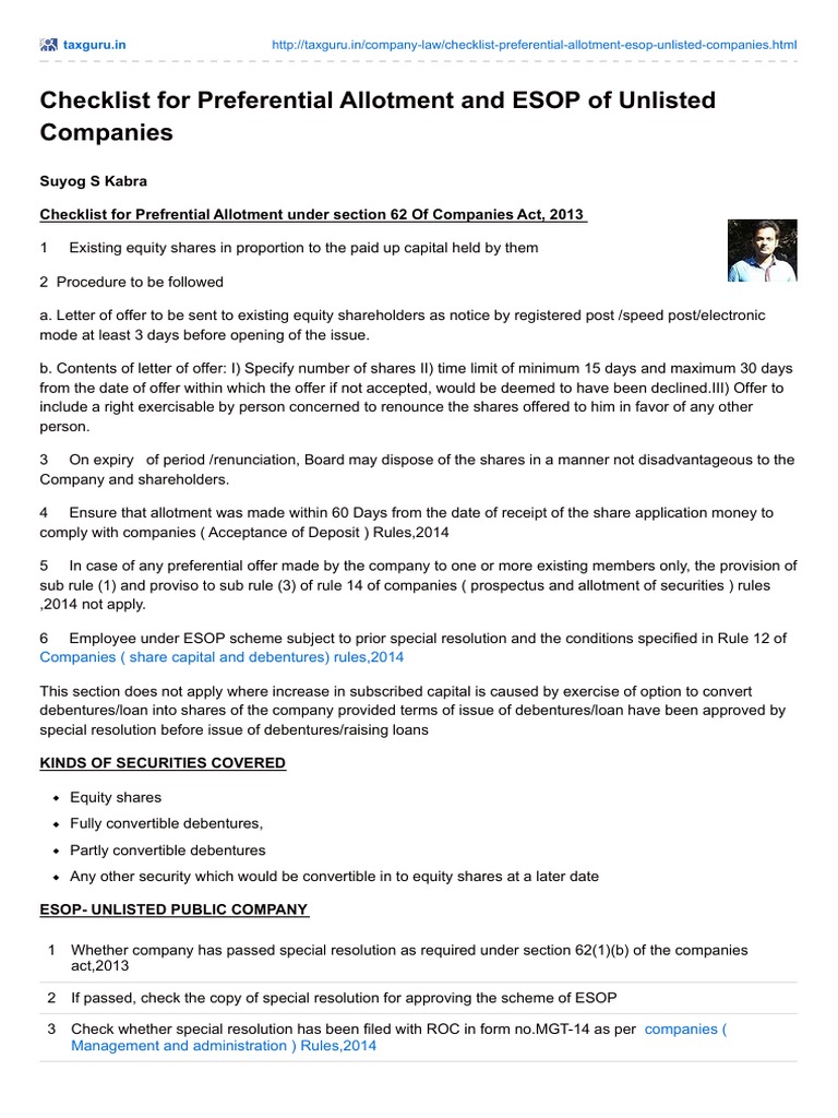 Checklist For Preferential Allotment and ESOP of Unlisted Companies | Download Free PDF ...
