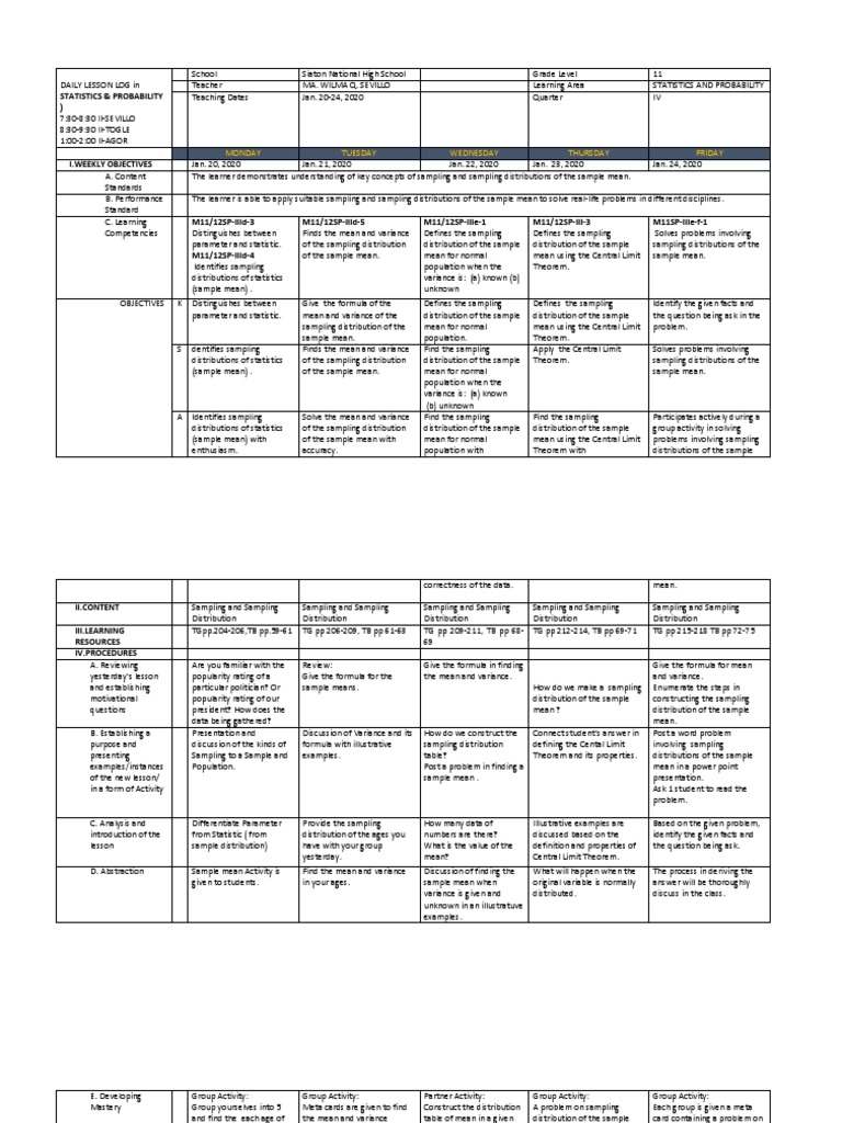 Daily Lesson Log: Statistics & Probability | PDF | Mean | Variance