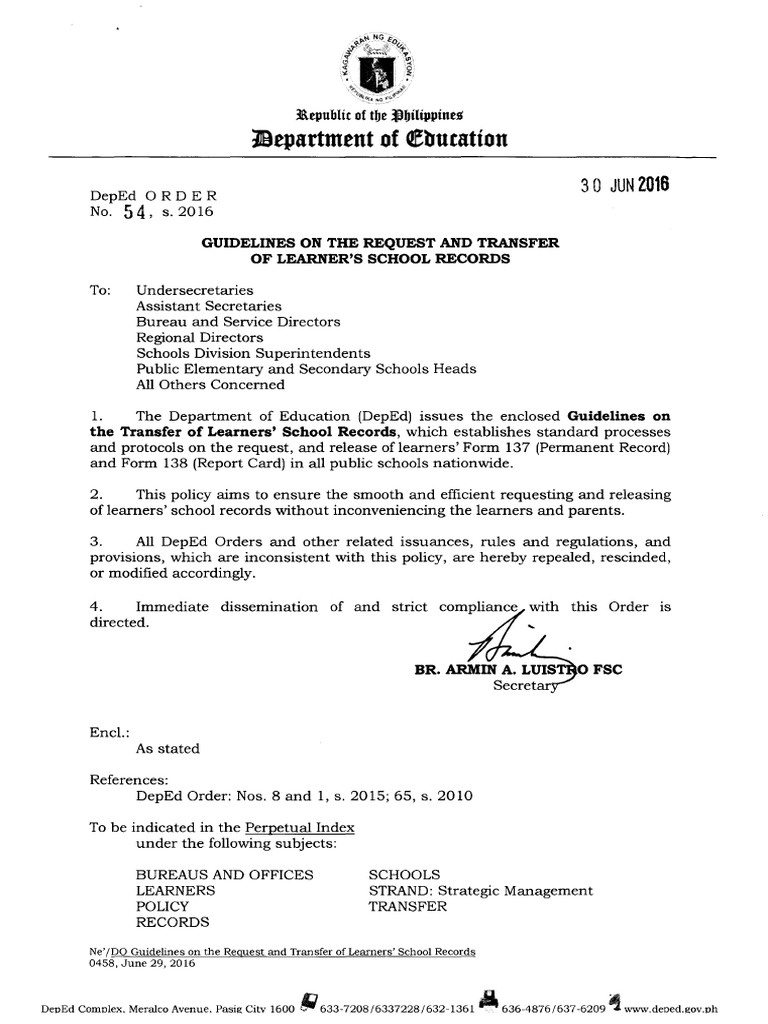 DepEd Order No. 54 s.2016 PDF | PDF