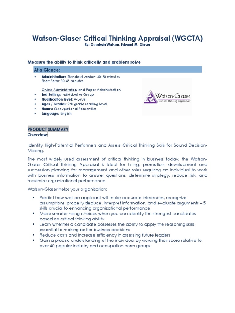 Watson-Glaser Critical Thinking Appraisal | PDF | Critical Thinking ...