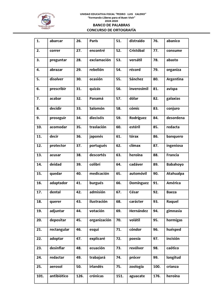 Banco de Palabras Concurso Deletreo | PDF