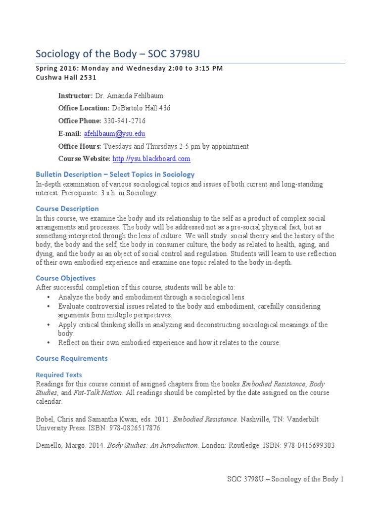 Sociology of The Body - SOC 3798U | PDF | Body Mass Index | Homework