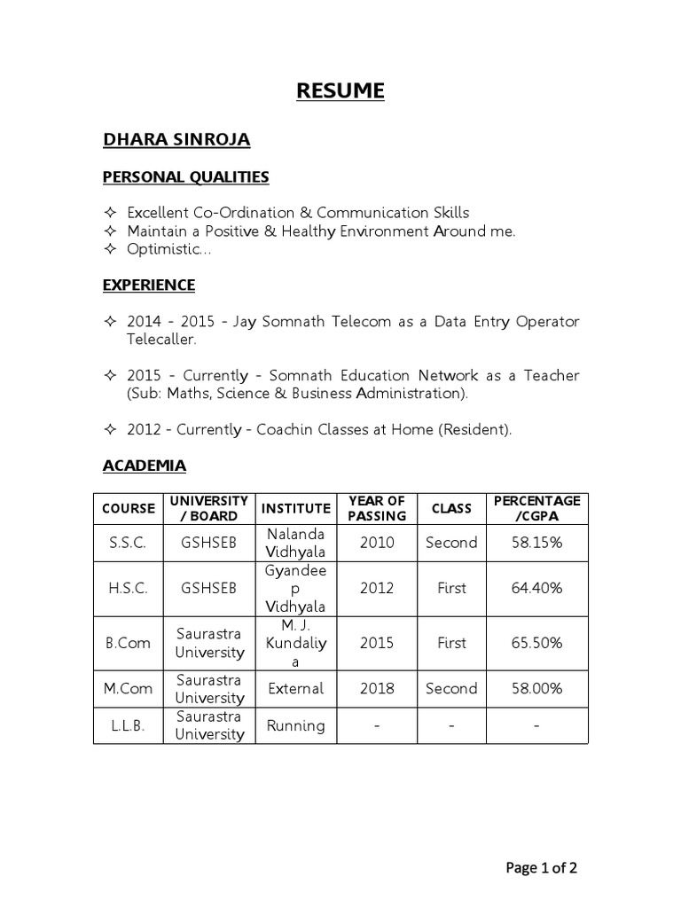 Resume - Dhara Sinroja | PDF