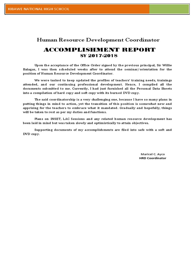 Human Resource Development Coordinator Accomplishment | PDF