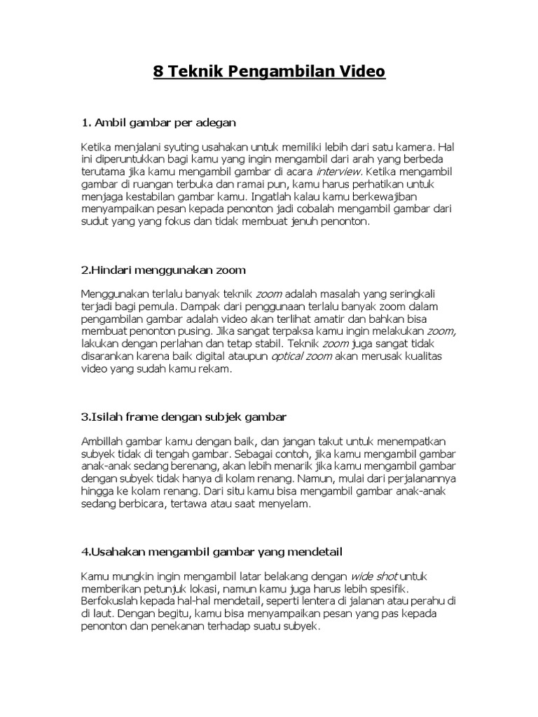 8 Teknik Pengambilan Video | PDF