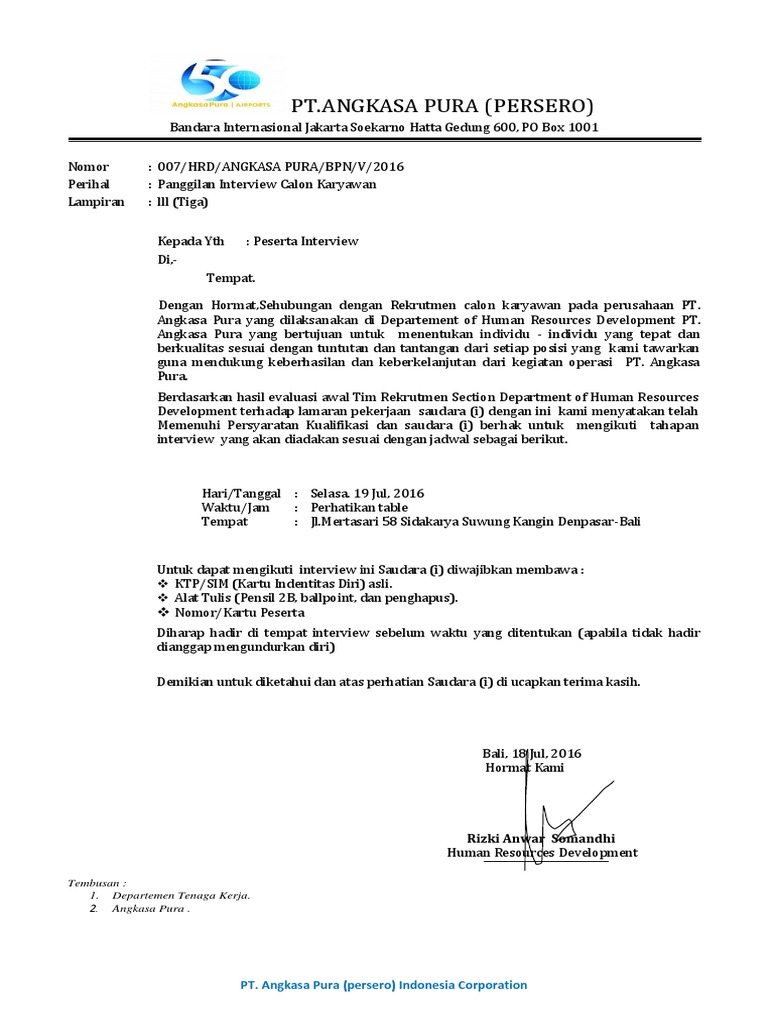 Surat Panggilan Interview Calon Karyawan PT - Angkasa Pura | PDF
