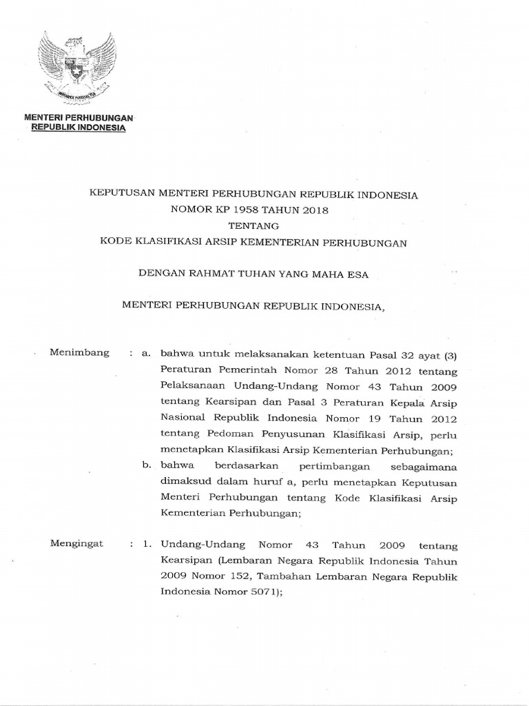 KP 1958 Tahun 2018 Tentang Kode Klasifikasi Arsip PDF | PDF