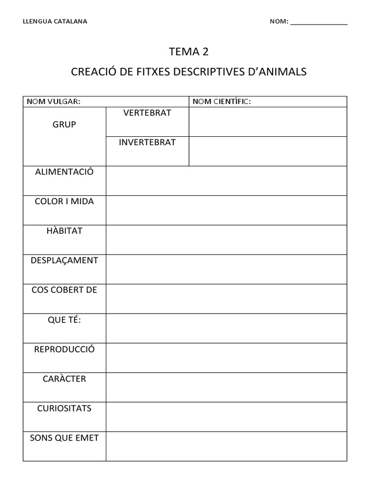 Fitxa Descripció Animals Docx Pdf