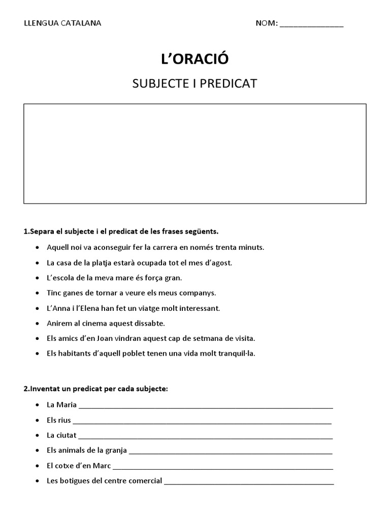 Oracions. Subjecte I Predicat | PDF