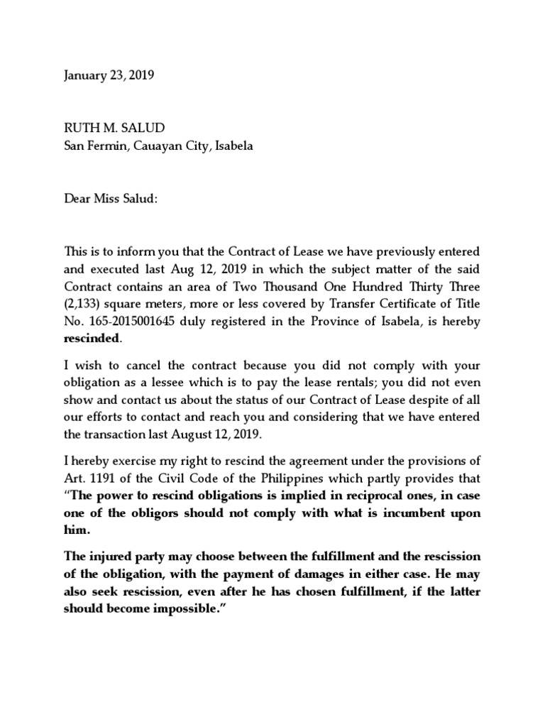 Sample RESCISSION OF CONTRACT | PDF