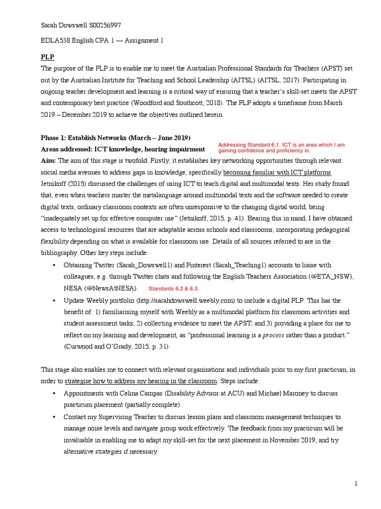 Personal Learning Plan PLP 1 | PDF | Teachers | Hearing Loss