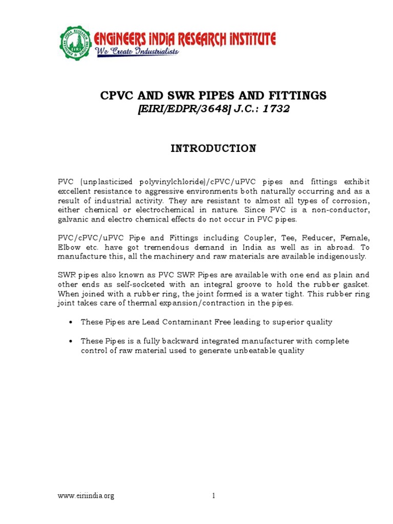 Project Report On CPVC and SWR Pipes and Fittings | PDF | Polyvinyl ...