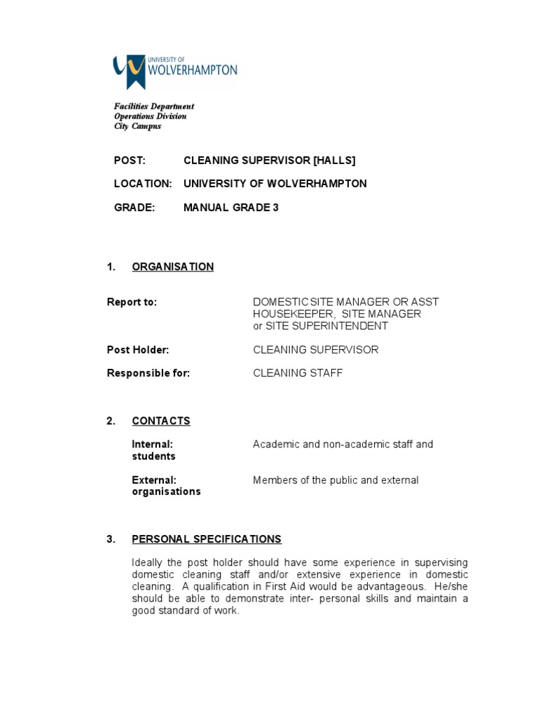 Cleaning Supervisor Job Description | PDF | First Aid | Occupational ...