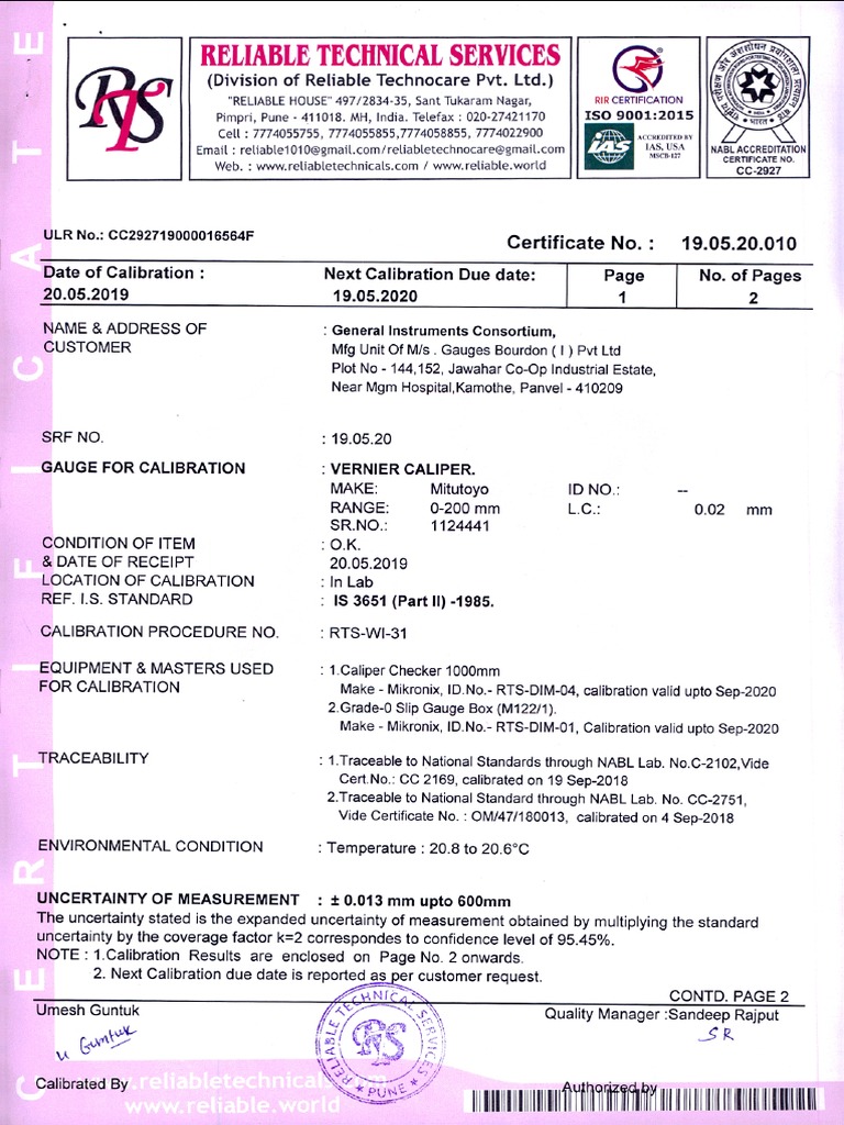 Calibration Report for a Vernier Caliper: Ensuring Accurate ...