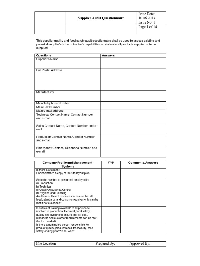 Supplier Quality Audit Questionnaire | PDF | Calibration | Food Safety
