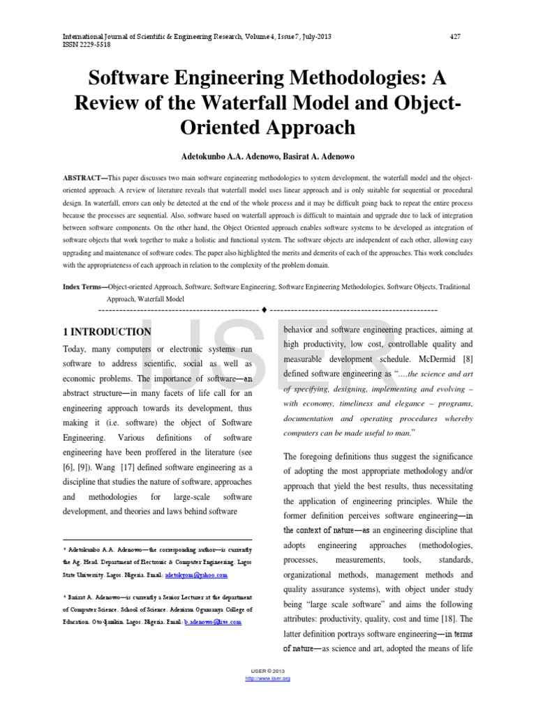Software Engineering Methodologies A Review of The Waterfall Model and ... Software Engineering Methodologies A Review of The Waterfall Model and ...