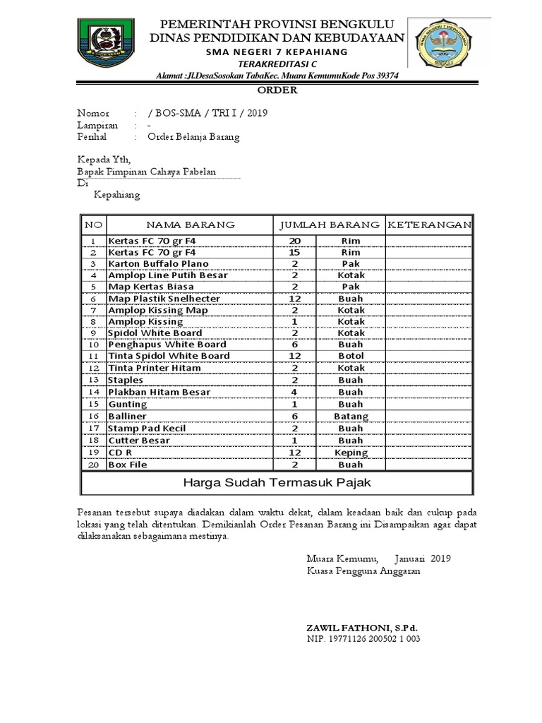 Contoh Surat Pesanan ATK Sekolah | PDF