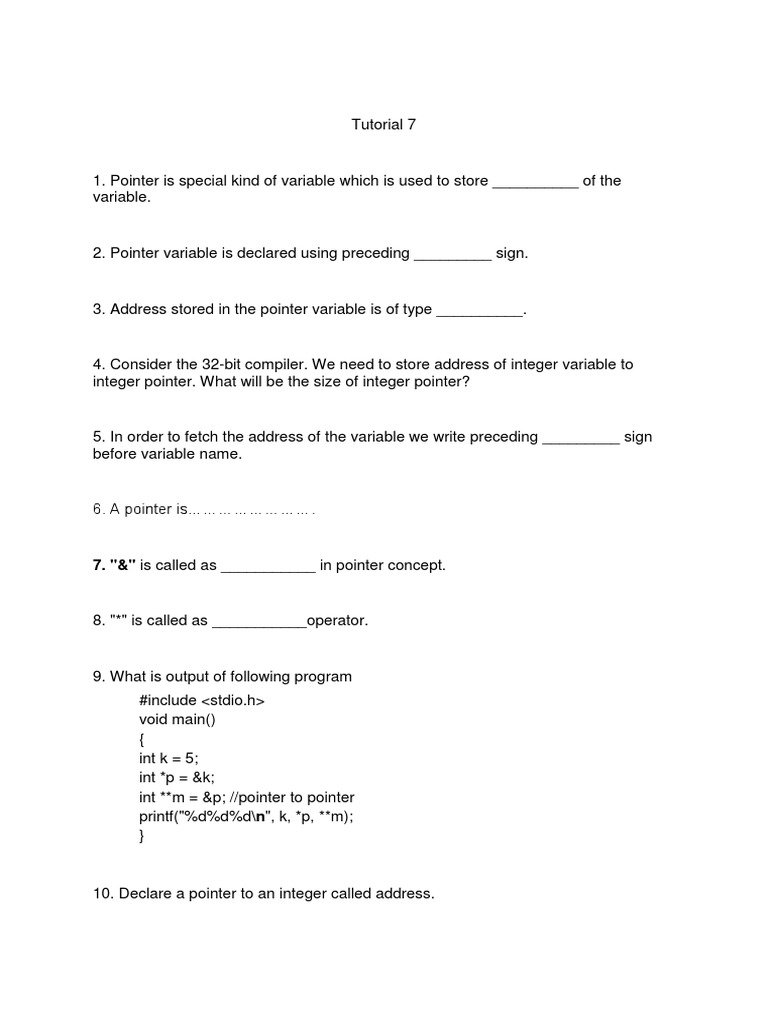 Tutorial 7 - Pointers PDF | PDF | Pointer (Computer Programming ...