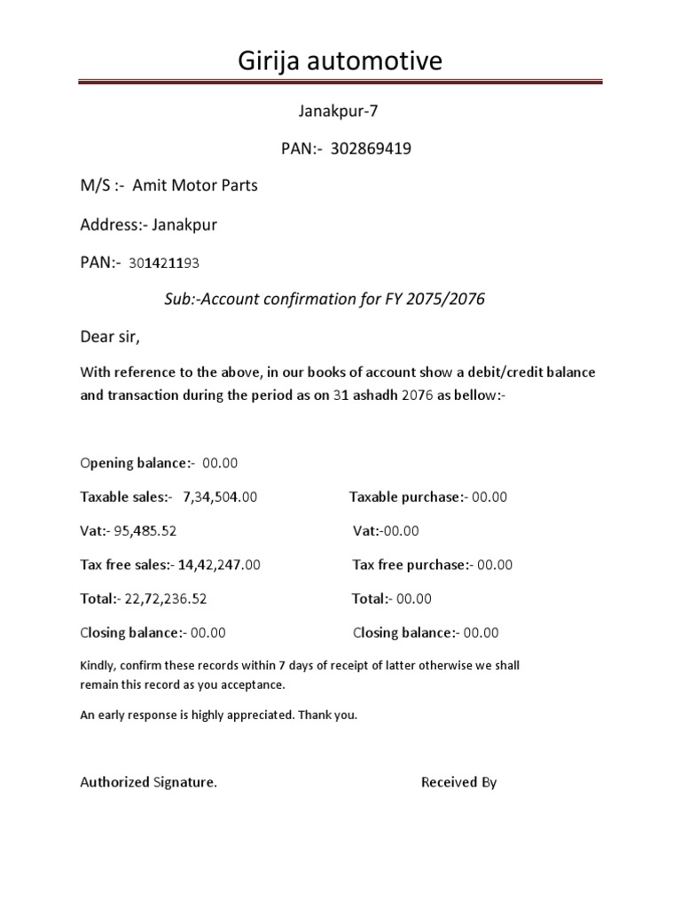Confirmation Letter | PDF | Debits And Credits | Value Added Tax