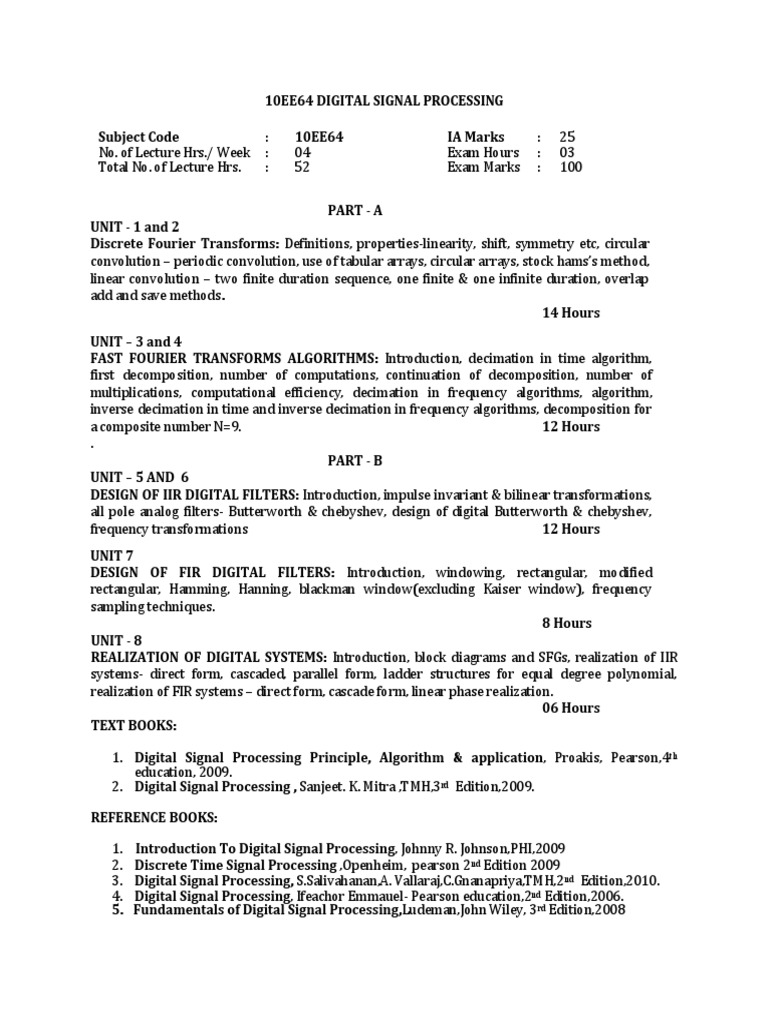 10EE64 DIGITAL SIGNAL PROCESSING Syllabus PDF | PDF | Digital Signal ... 10EE64 DIGITAL SIGNAL PROCESSING Syllabus PDF | PDF | Digital Signal ...
