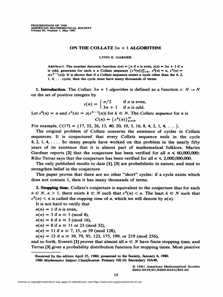 Paper - Garner, Lynn - On The Collatz 3n + 1 Algorithm | PDF | Abstract ...