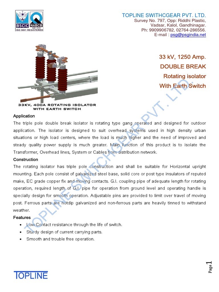 33kv 1250a Rotating Isolator With Earth Switch PDF | PDF | Switch | Volt